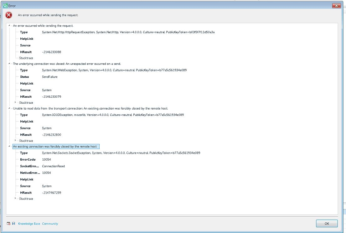 "An error occurred while sending the request" or "Unable to reach ...