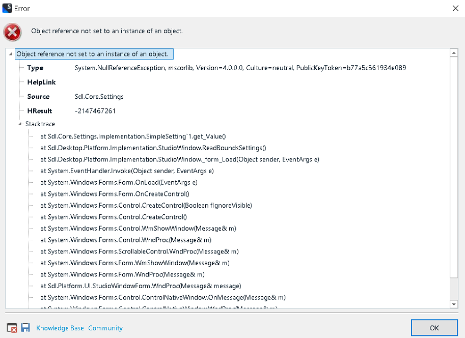 When opening Trados Studio you receive the: Object reference not set to an instance of an object ...
