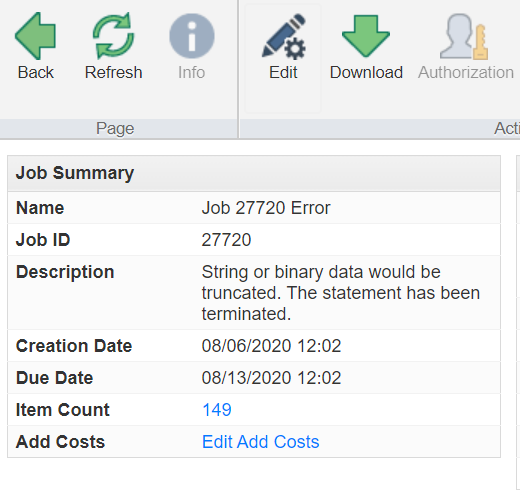 SDL TMS: Error in Description of Job Summary page - String or binary data would be truncated ...