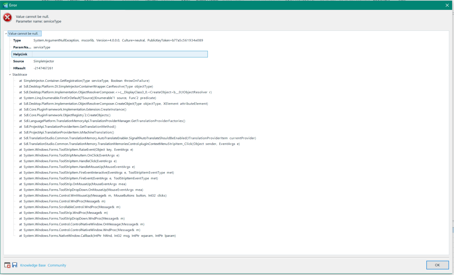 Trados Studio 2021 SR2 fails to start with error "Failed to add window command bar extensions ...