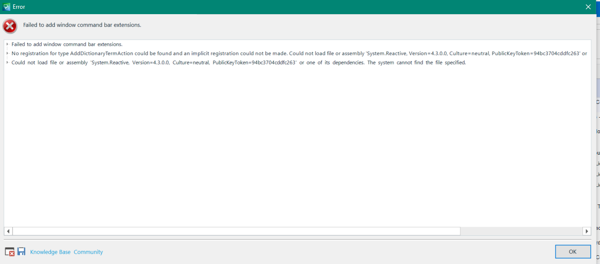 Trados Studio 2021 SR2 fails to start with error "Failed to add window command bar extensions ...