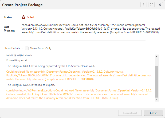 WorldServer - Error exporting Bilingual DOCX Translation Kit: The located assembly's manifest ...