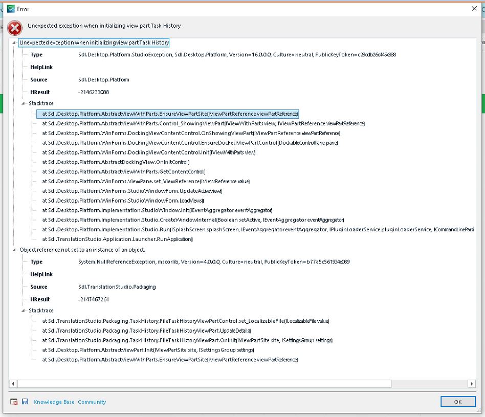 Error message when starting Trados Studio 2021 SR2 CU9: Unexpected exception when initializing ...