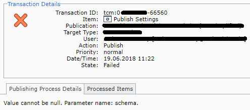 DXA 'Publish Settings' fails to publish - 'Value cannot be null. Parameter name: schema'