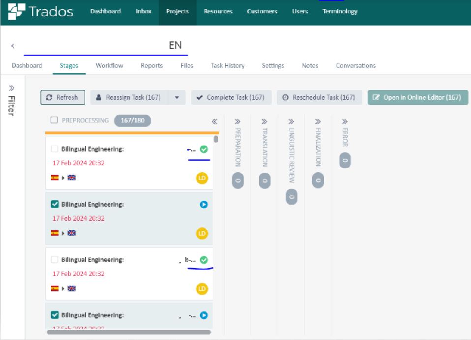 Trados Enterprise/Accelerate/Team - Few tasks are stuck at Bilingual ...