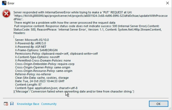 Check-In of server-based project files returning error: Server responded with ...