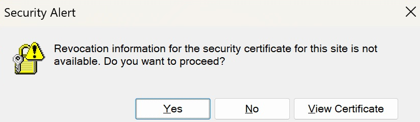 Revocation information for the security certificate for this site is ...