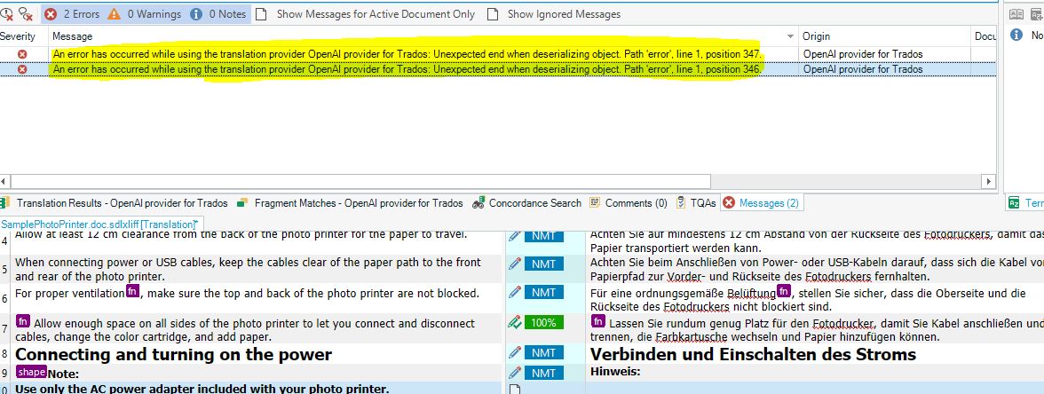 An Error Has Occurred While Using The Translation Provider Openai Provider For Trados 